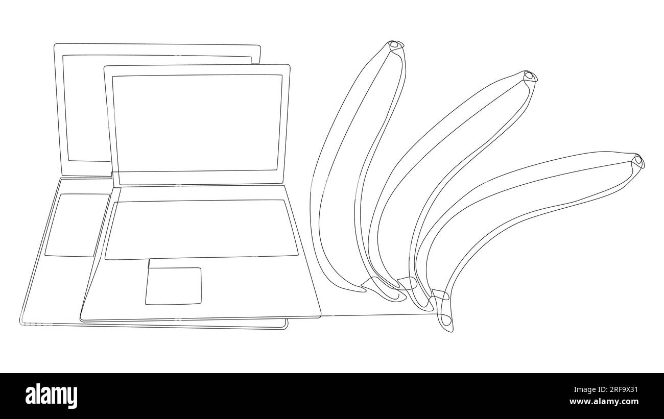 One continuous line of Laptop with Banana. Thin Line Illustration ...