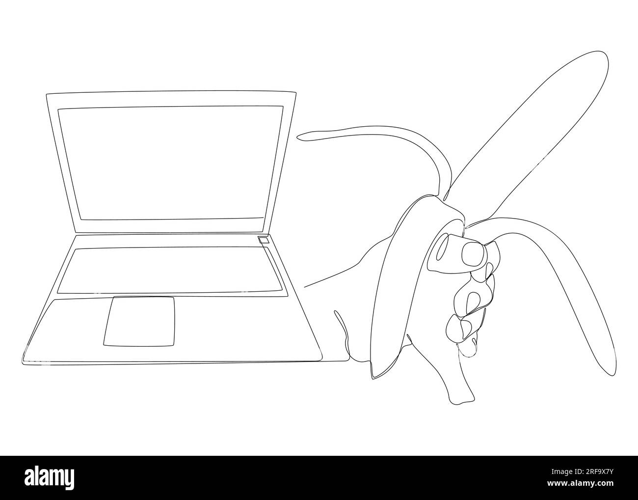 One Continuous Line Of Laptop With Banana Thin Line Illustration Vector Concept Contour