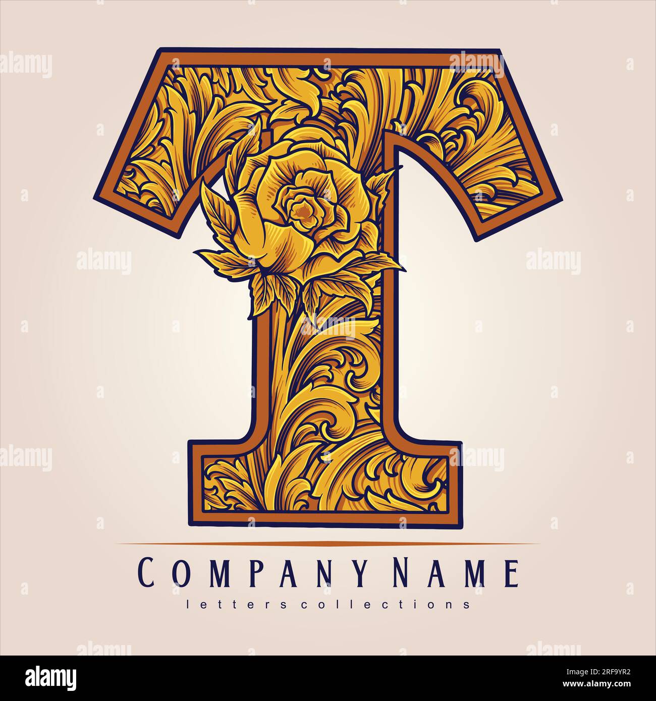 Classic engraved monogram ornament letter initial T vector ...