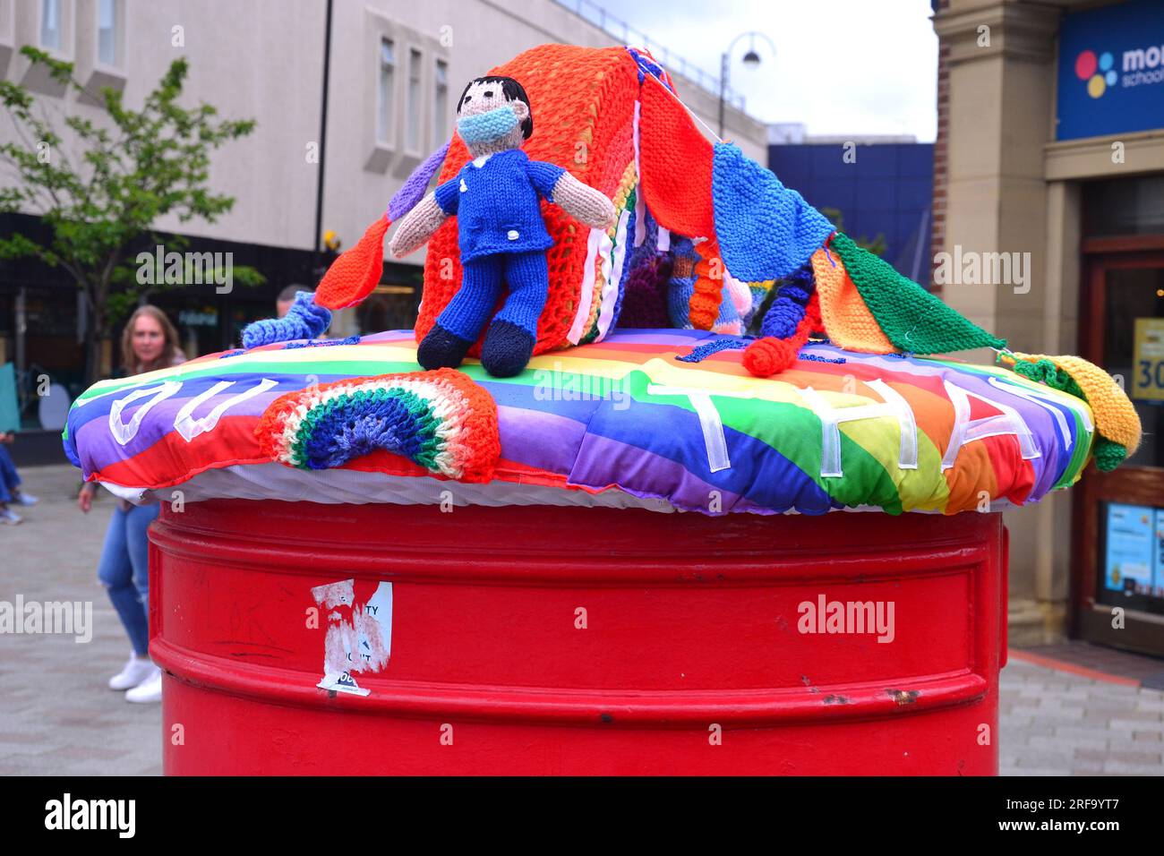 Royal Mail post box, decorated on top knitted NHS sign yarn bombing ...