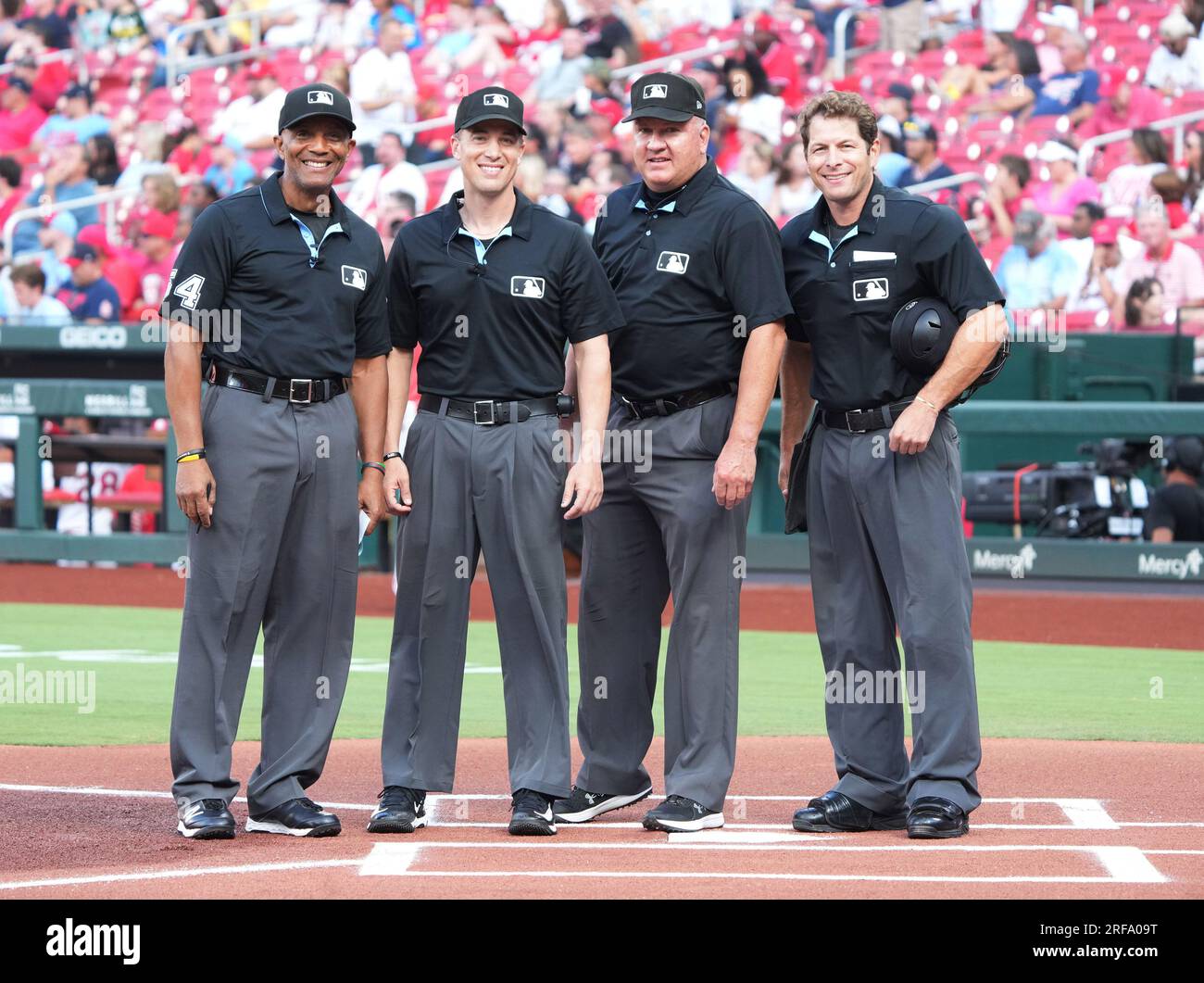 St. Louis, United States. 01st Aug, 2023. Umpires (L to R) C.B. Bucknor ...