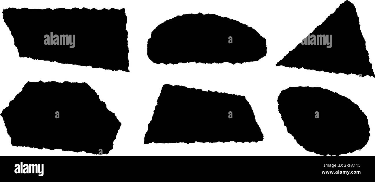 Torn paper pieces set. Black abstract forms with jagged edges. Ripped rectangular, curved and ...
