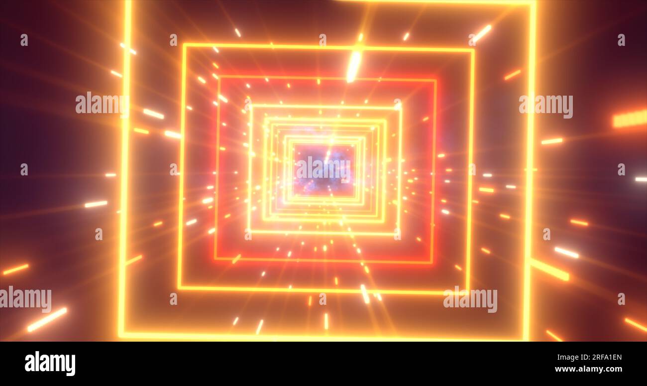 Abstract orange energy futuristic hi-tech square tunnel of flying lines ...