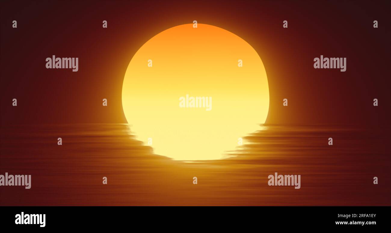 Abstract orange sun over water and horizon with reflections background ...