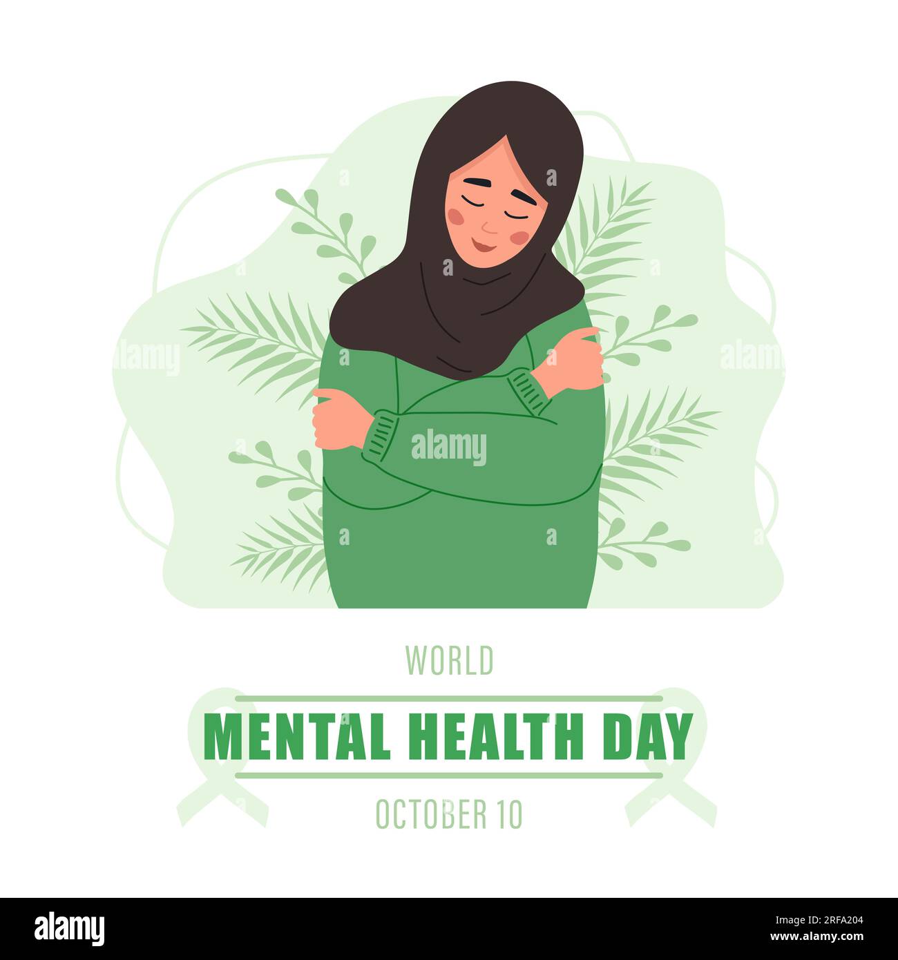 World mental health day poster. Happy islamic woman hugging herself ...