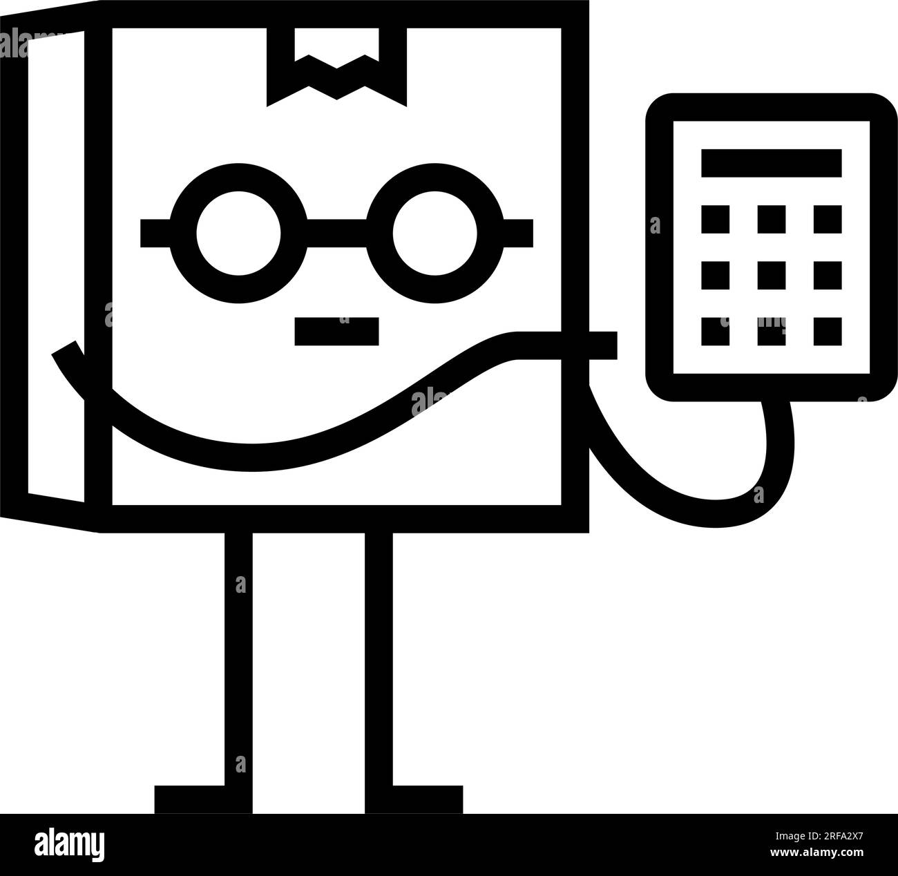 calculator hold cardboard box character line icon vector illustration ...