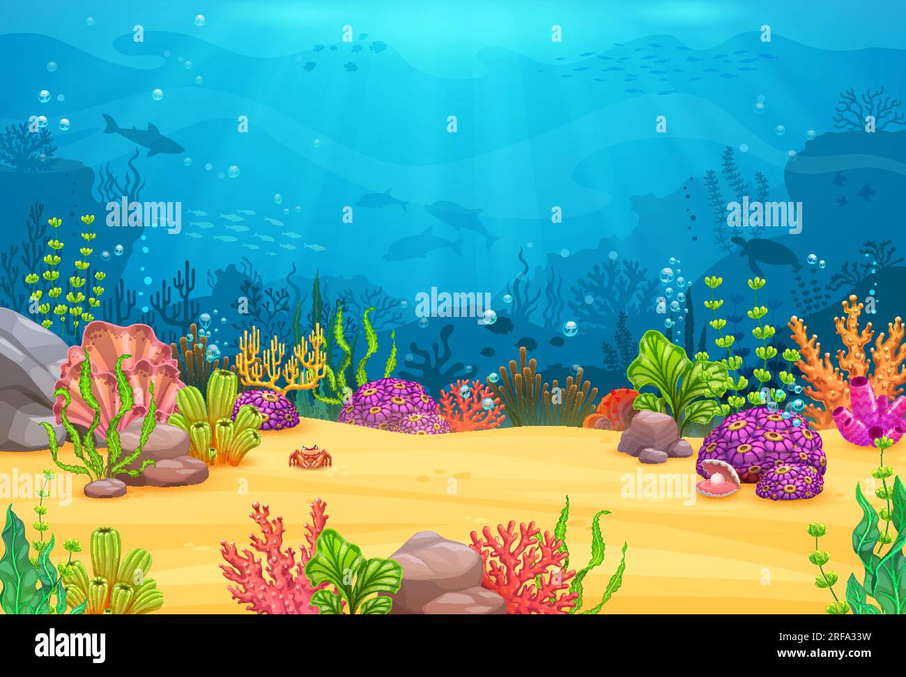 Game level. Cartoon underwater landscape with seaweed, corals and reefs ...