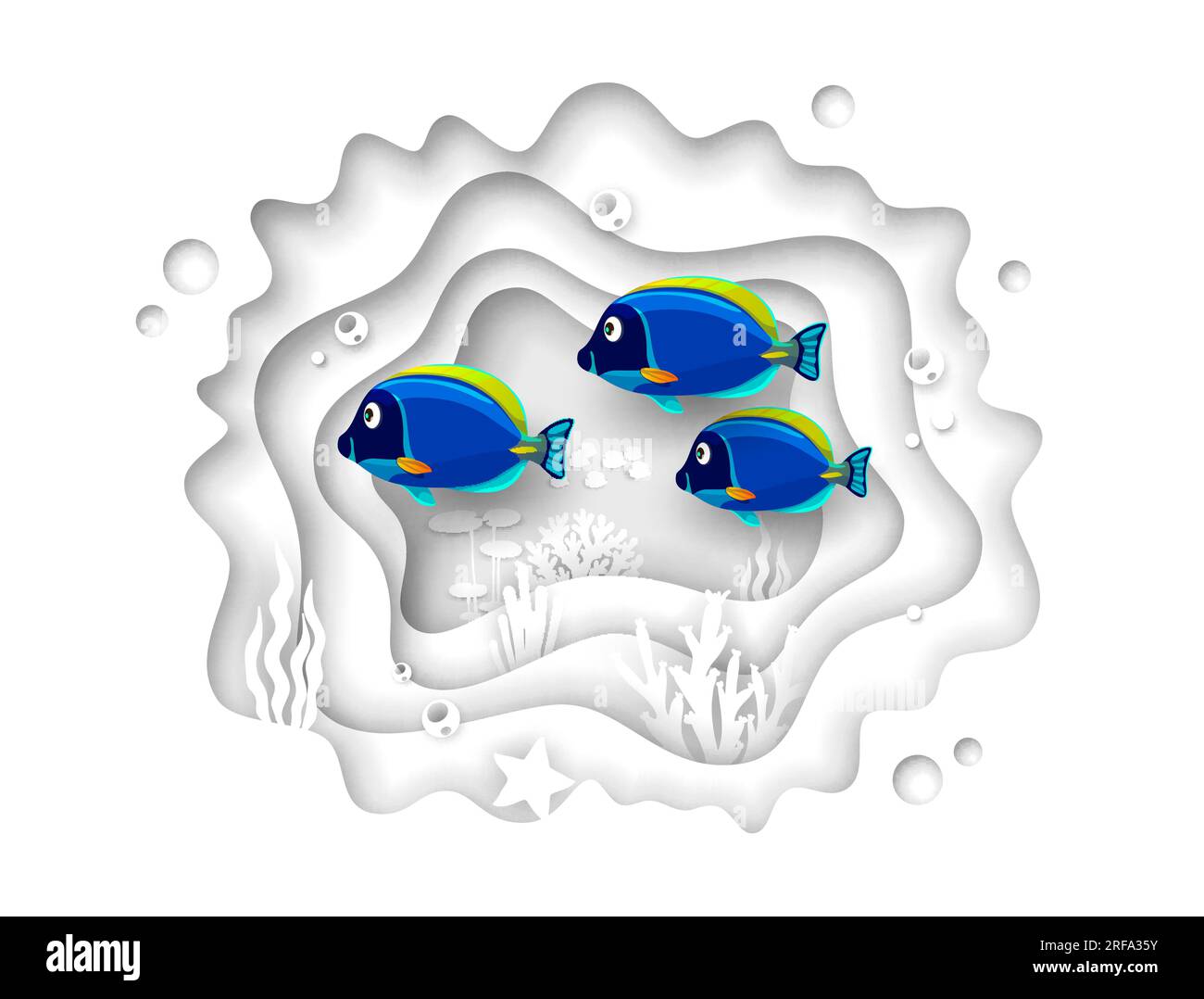Underwater sea paper cut landscape with tropical fish shoal, ocean or ...
