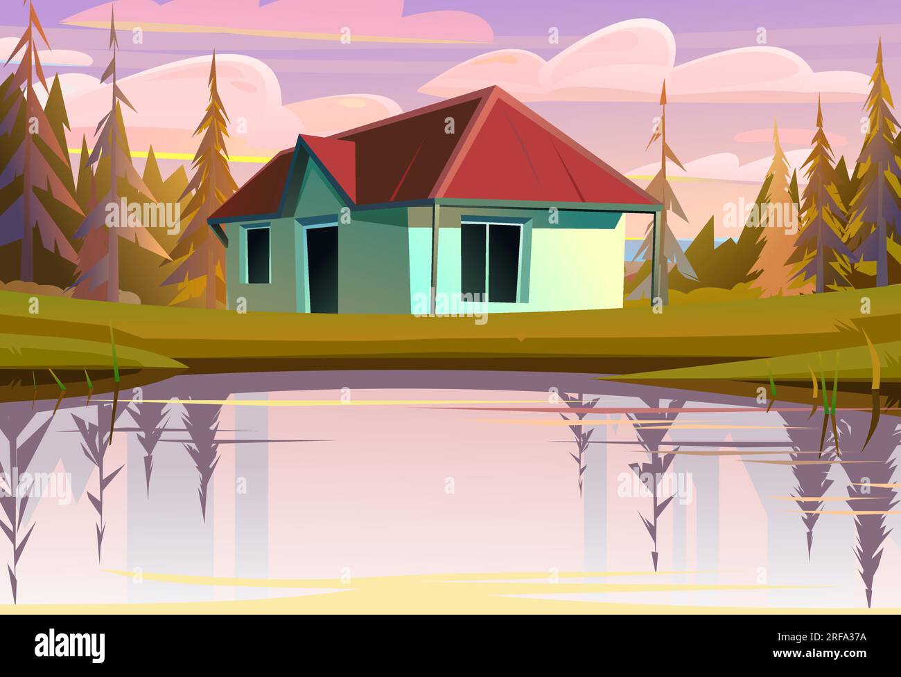 house is beautiful on shore of pond. Evening summer landscape with ...