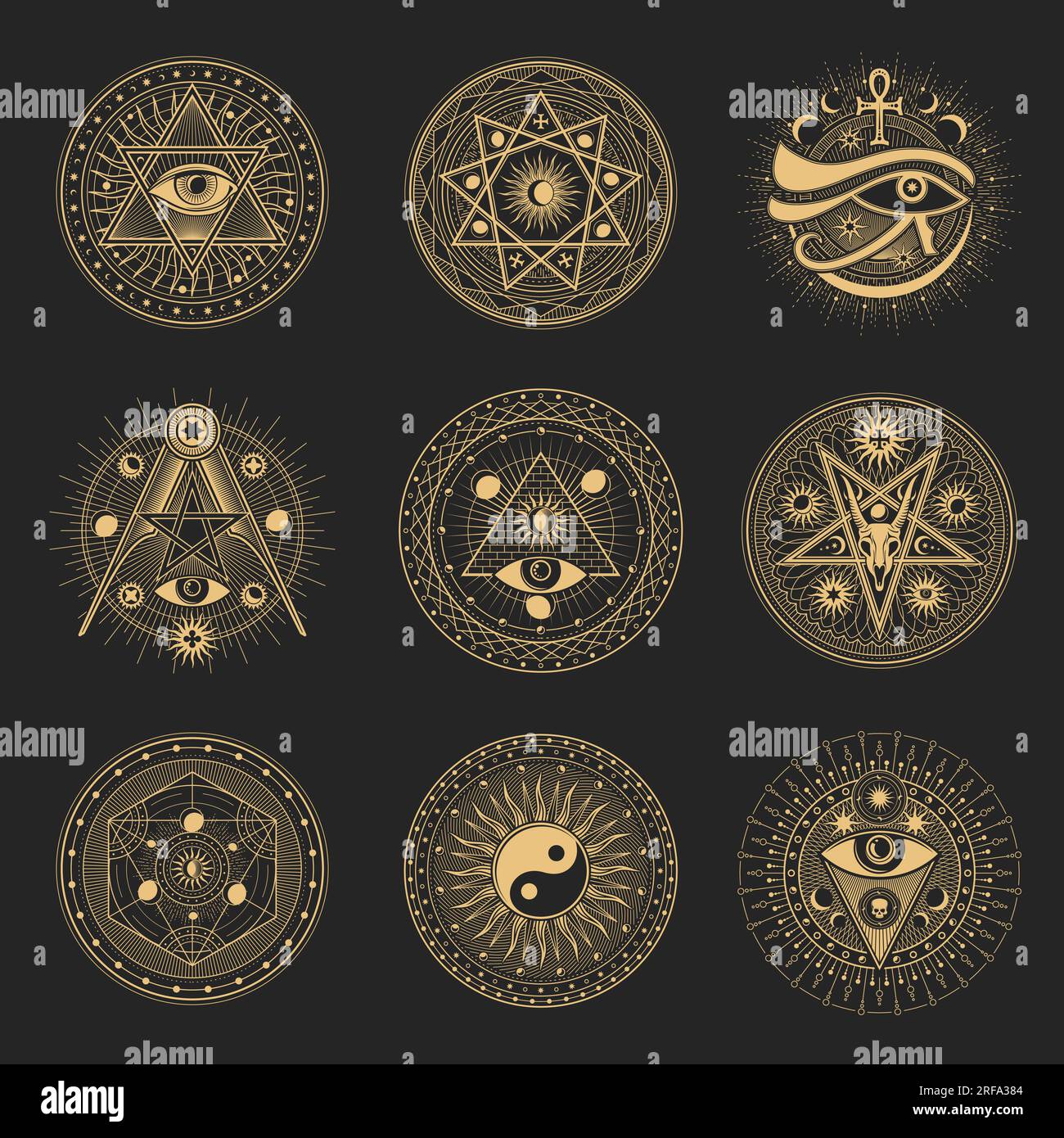 Mason Signs Occult And Esoteric Pentagram Symbols Vector Magic Tarot