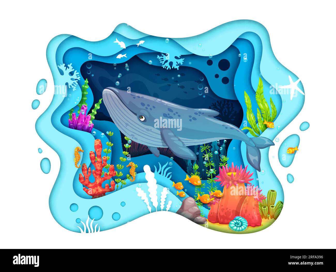 Cartoon sea whale and paper cut underwater landscape with vector ocean ...