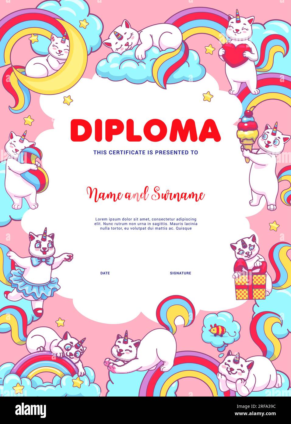 Kids diploma with cute cartoon caticorn cats and kitten characters ...