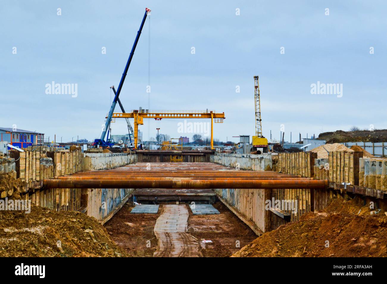 A large huge ditch pit tunnel with reinforcing structures from thick ...