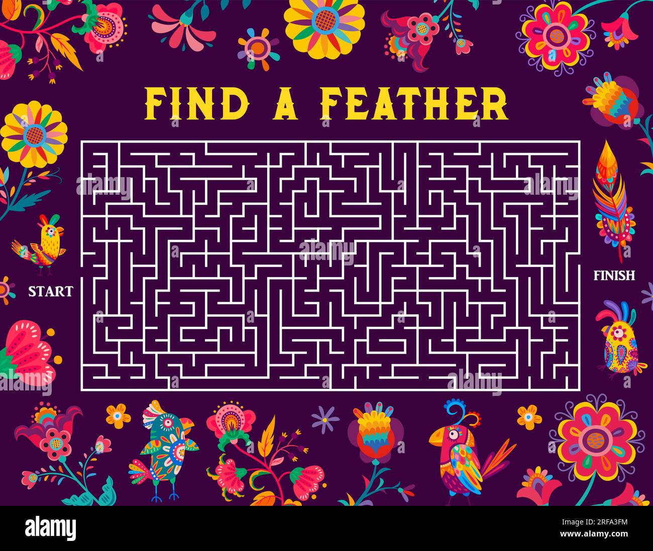 Labyrinth maze, help to parrot find feather, vector game worksheet ...