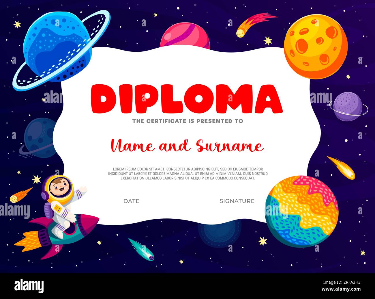 Kids diploma. Cartoon kid astronaut on rocket and space planets in galaxy vector background ...