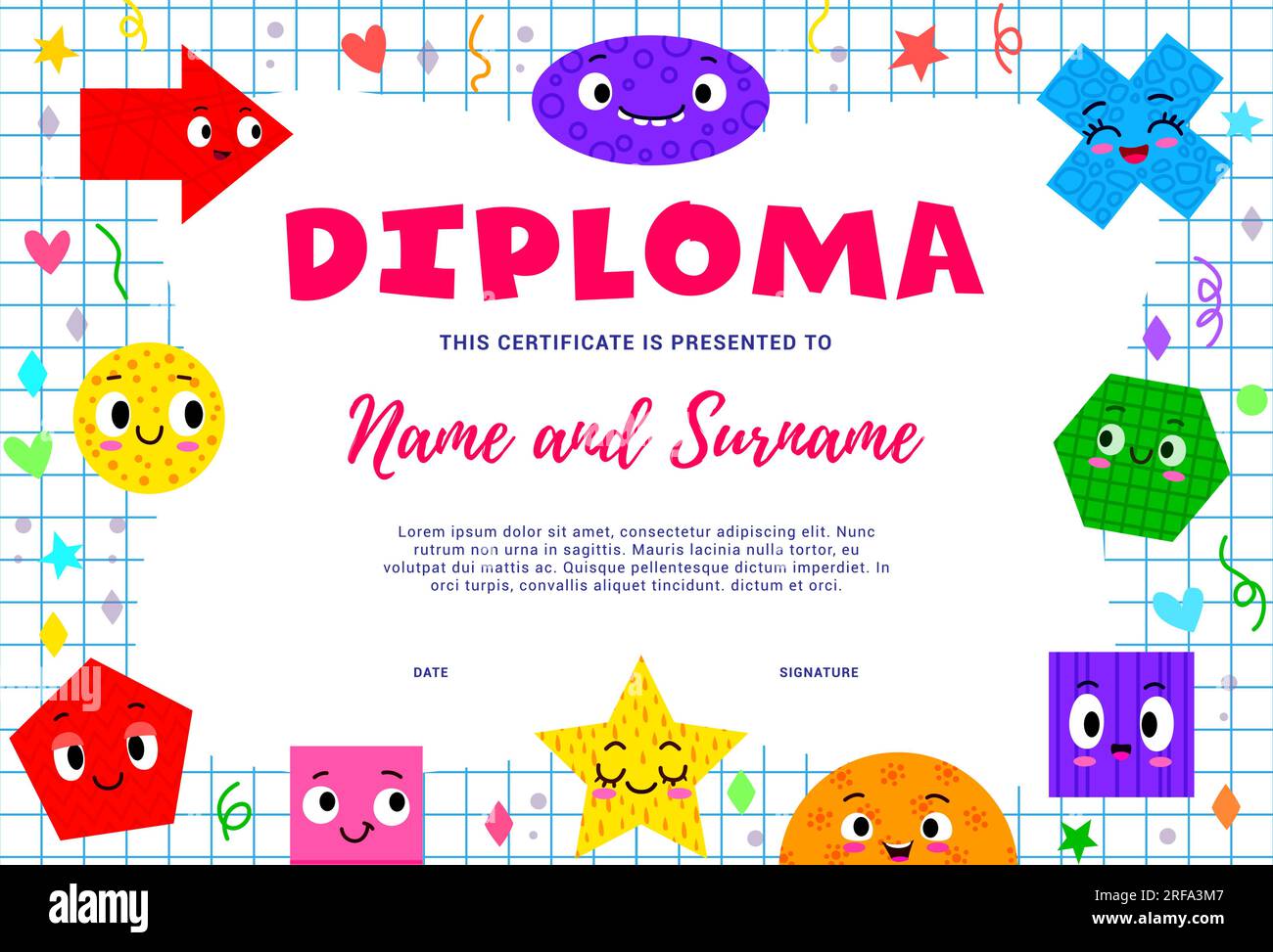 Kids diploma with math shape characters. School and kindergarten vector ...