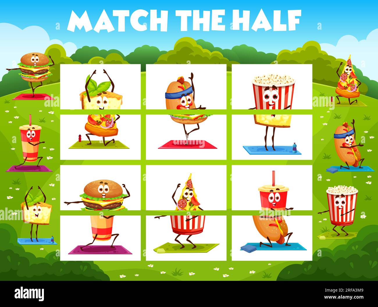 Match the half of cartoon fast food characters on yoga. Fragment search ...