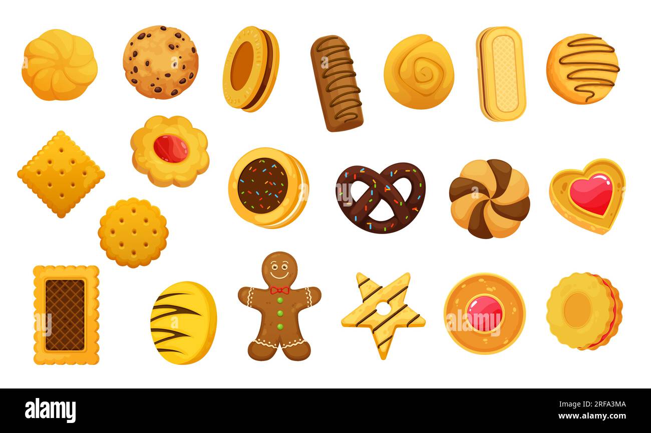 Cartoon chocolate, cracker and gingerbread cookies, isolated vector set ...
