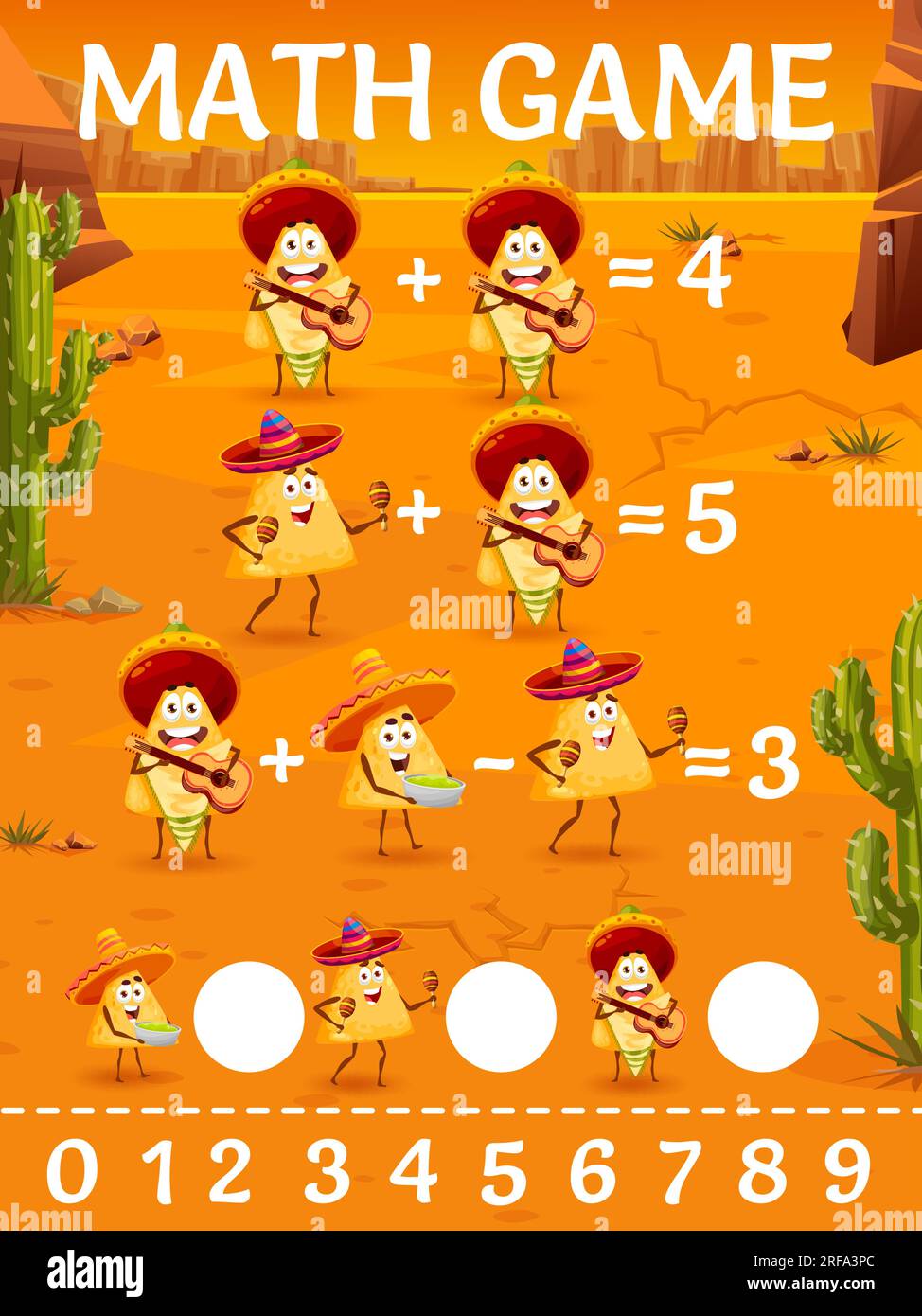 Math game worksheet. Cartoon mexican nachos chips musician characters ...