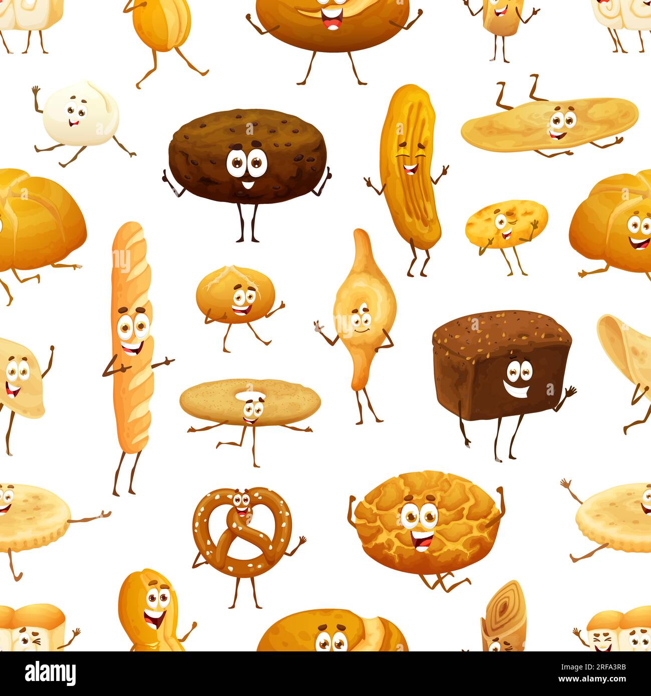 Cartoon bread and bakery characters seamless pattern background, vector ...