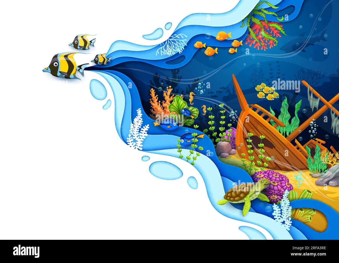 Cartoon sea paper cut underwater landscape with sunken ship, fishes and ...
