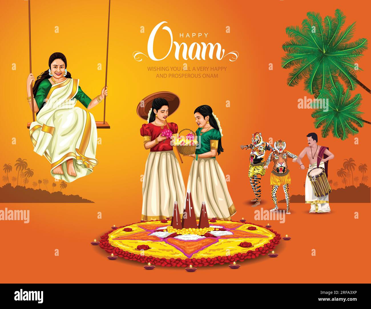 happy onam greetings vector illustration. illustration of Kerala family on swing Stock Vector ...