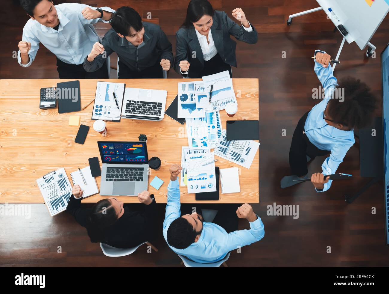 Top view business people celebrate after successful presentation or ...