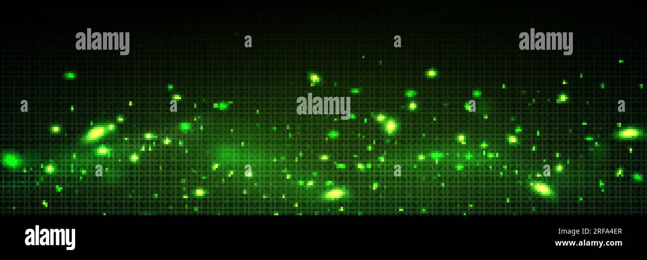 Light effect of green fireflies at night. Magic sparkles, glow of bugs ...