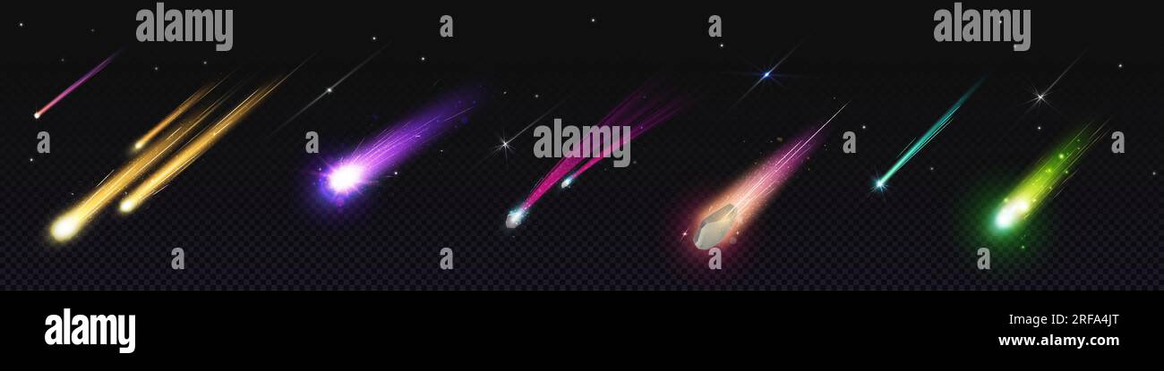 Realistic set of falling comets with speed trails. Vector cartoon ...