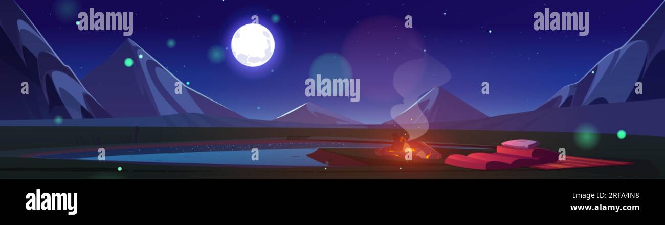 Night mountain landscape with camp near valley lake. Vector cartoon ...