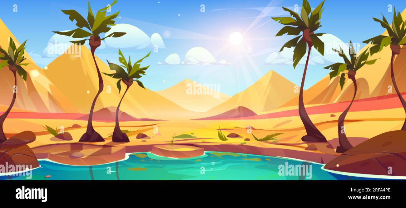 Cartoon oasis in Sahara desert with palm tree vector landscape ...
