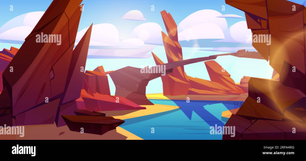 River in canyon desert cartoon vector landscape. Rock cliff terrain ...