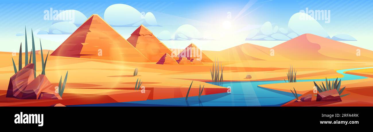 Cartoon desert with ancient Egyptian pyramids and Nile river. Vector illustration of sandy ...
