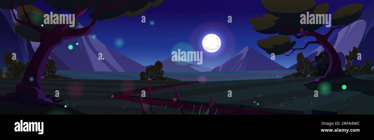 Night path in field and mountain forest nature vector landscape ...