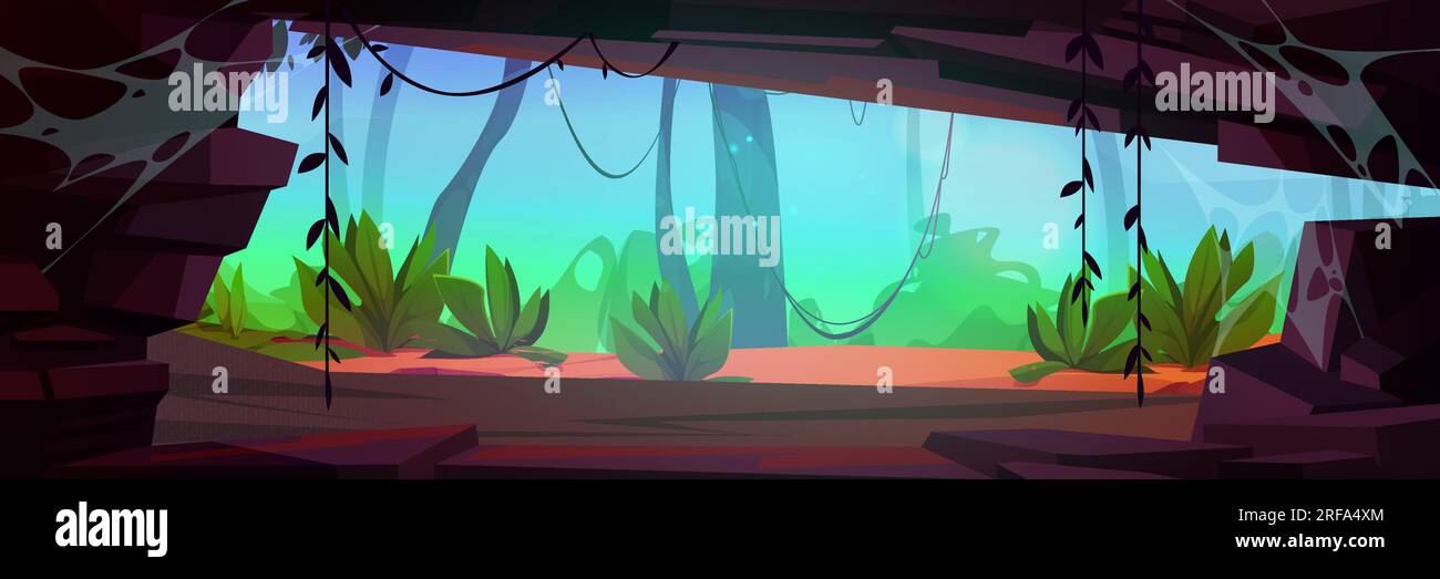 Jungle cave with cobweb on walls. Vector cartoon illustration of old ...