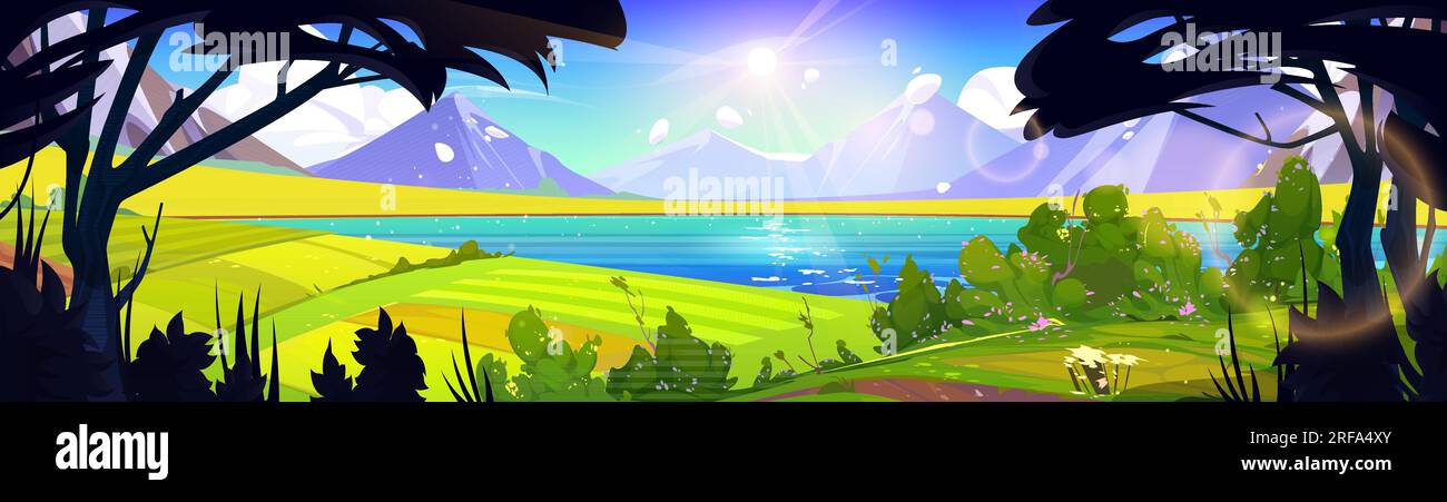 Spring mountain nature and green field vector landscape illustration ...