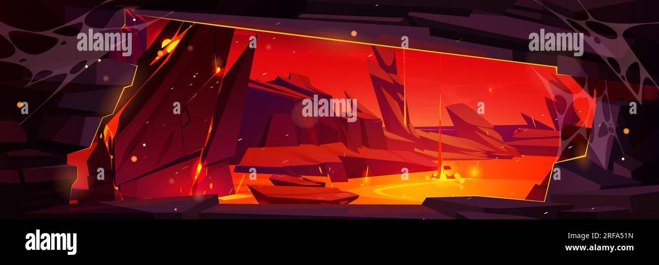 Volcano lava hell rock cave view fantasy game cartoon background ...