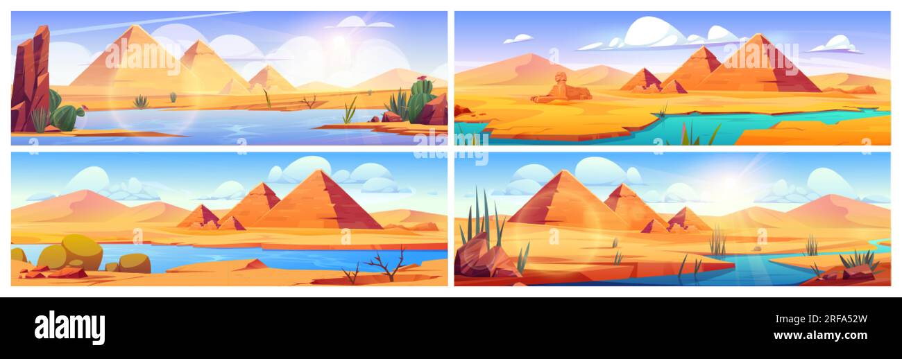 Pyramid and sphinx in egypt desert oasis vector landscape background ...