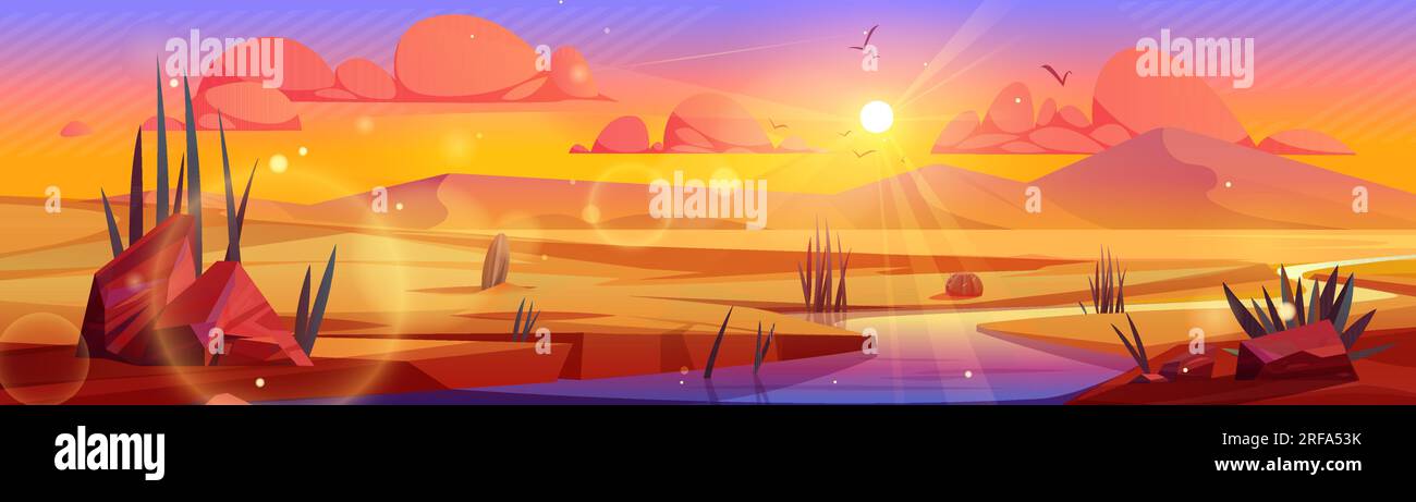 River flowing through Sahara desert. Vector cartoon illustration of ...