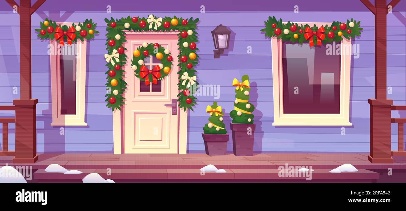 Cartoon house porch with Christmas decoration. Vector illustration of ...