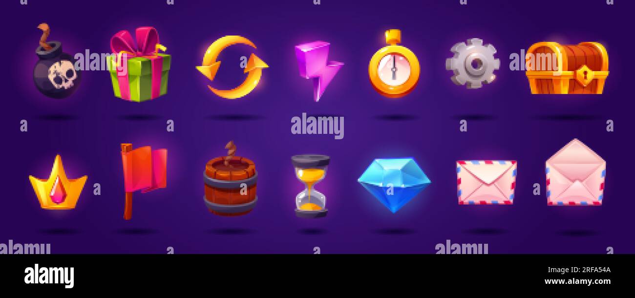 Cartoon vector ui game slot icon set with crown. Gift box, treasure ...