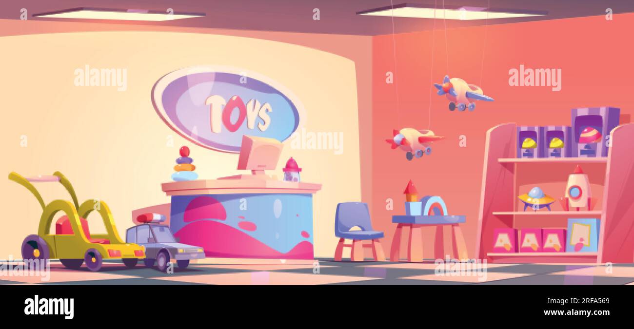 Cartoon toy shop interior with goods and furniture. Vector illustration ...
