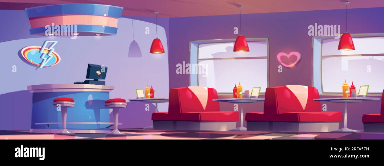 American retro diner interior with furniture. Vector cartoon ...