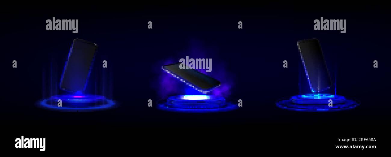 3d neon light futuristic podium for mobile phone. Laser effect ...