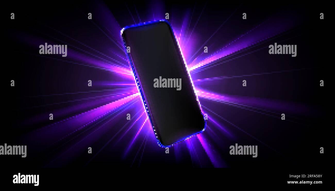 Realistic 3D smartphone with neon light effect isolated on transparent ...