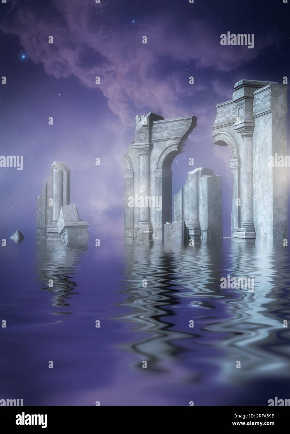 Fantasy seascape with drowned ancient ruins, 3D Illustration Stock ...
