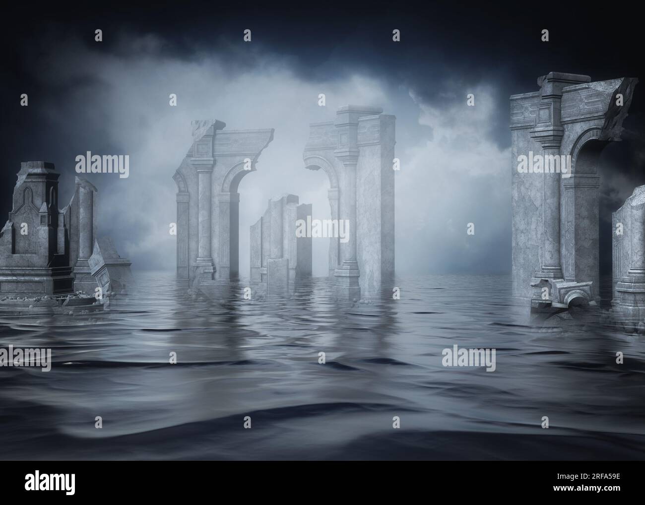 Fantasy seascape with drowned ancient ruins, 3D Illustration Stock ...