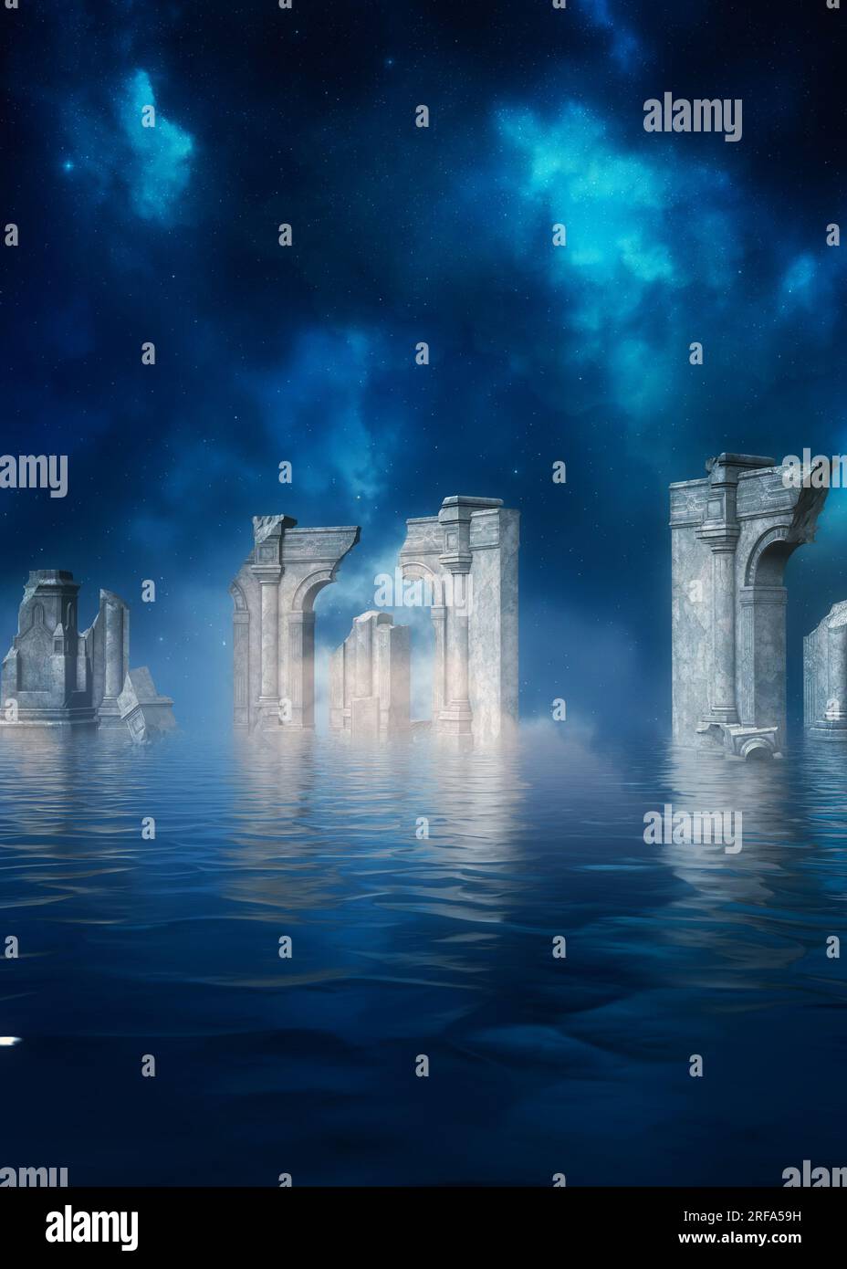 Fantasy seascape with drowned ancient ruins, 3D Illustration Stock ...