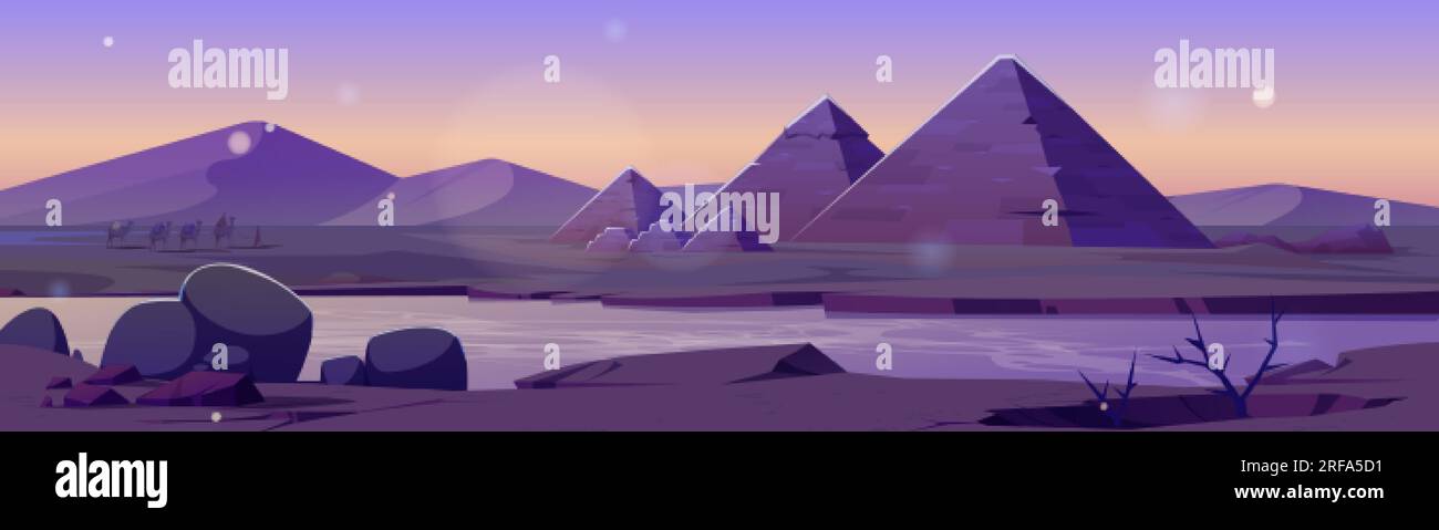 Pyramid in egypt desert oasis vector sunrise landscape background. Ancient nile river scene ...