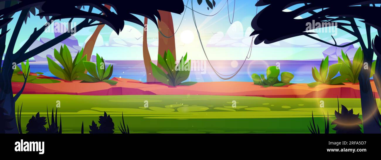 Tropical island coastline with lianas on exotic trees. Vector cartoon ...
